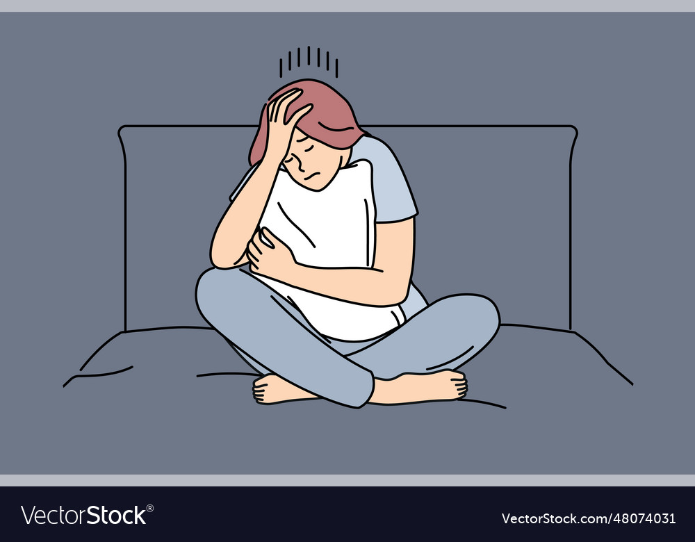 Melancholic woman is sad sitting on bed Royalty Free Vector