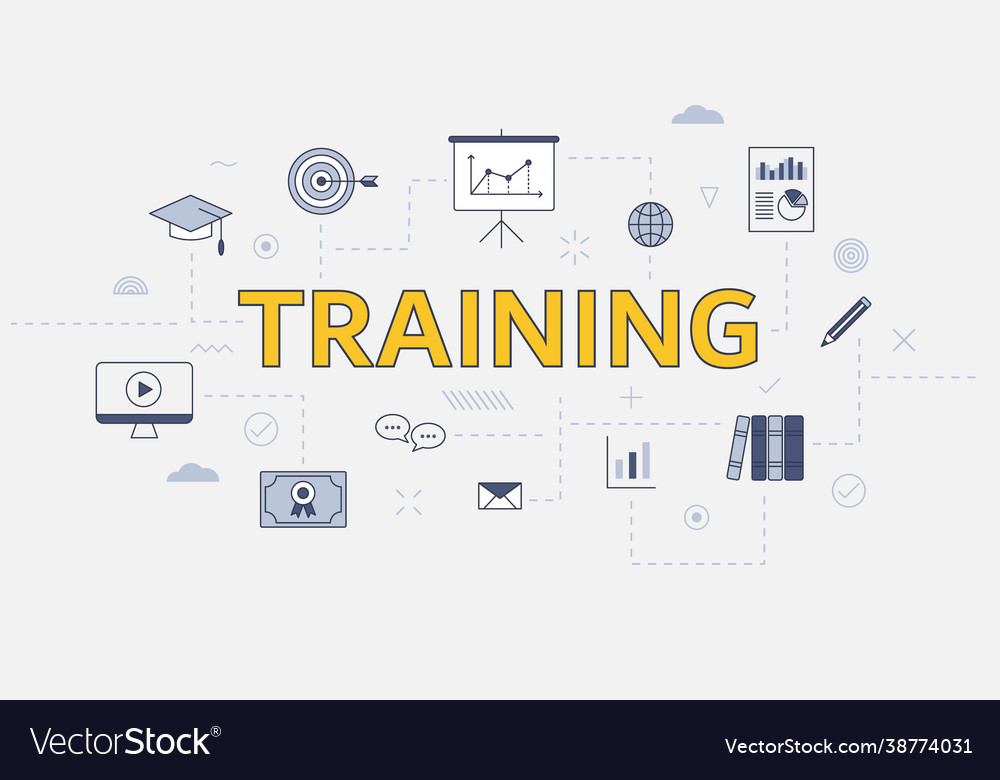 Training concept with icon set big word Royalty Free Vector