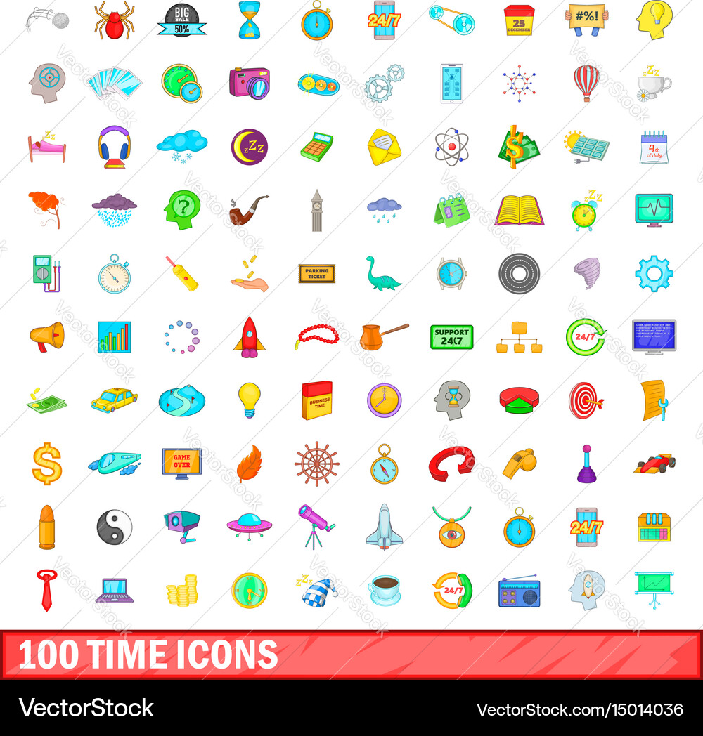 100 time icons set cartoon style Royalty Free Vector Image