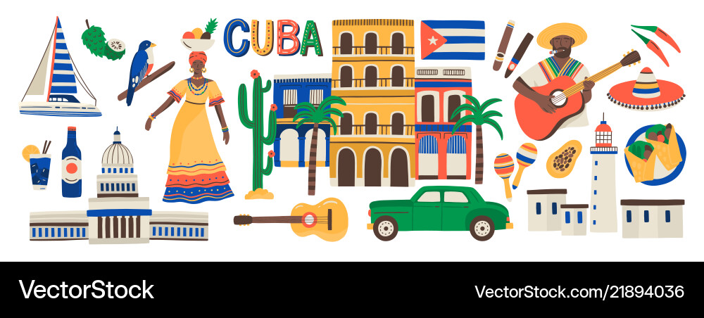 Collection of cuba attributes isolated on white Vector Image
