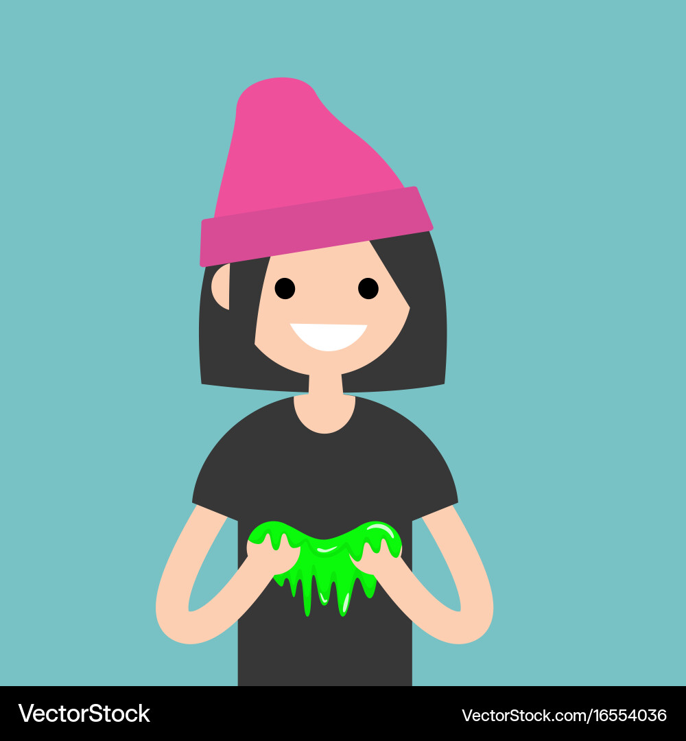 Young female character playing with a slime flat Vector Image