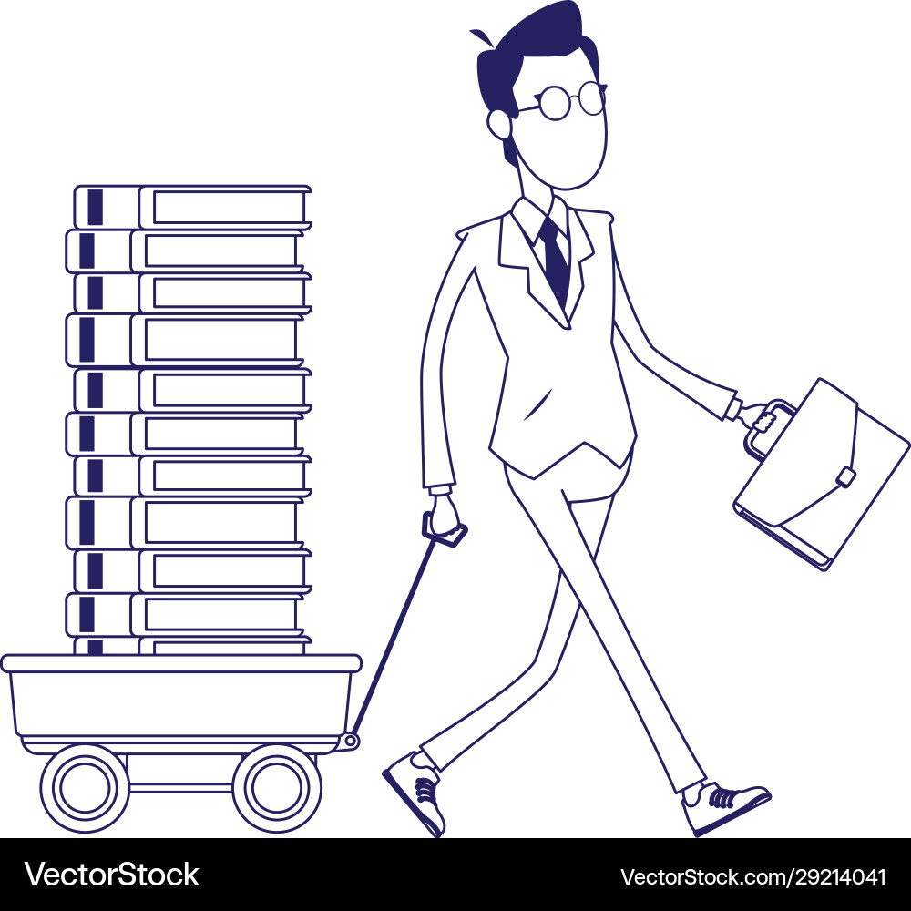 Cartoon businessman pulling a trolley with books Vector Image