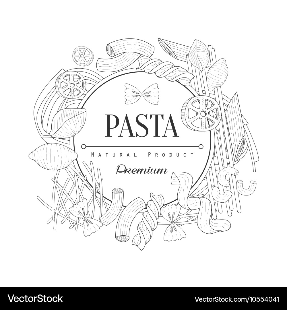 Pasta assortment logo hand drawn realistic sketch Vector Image