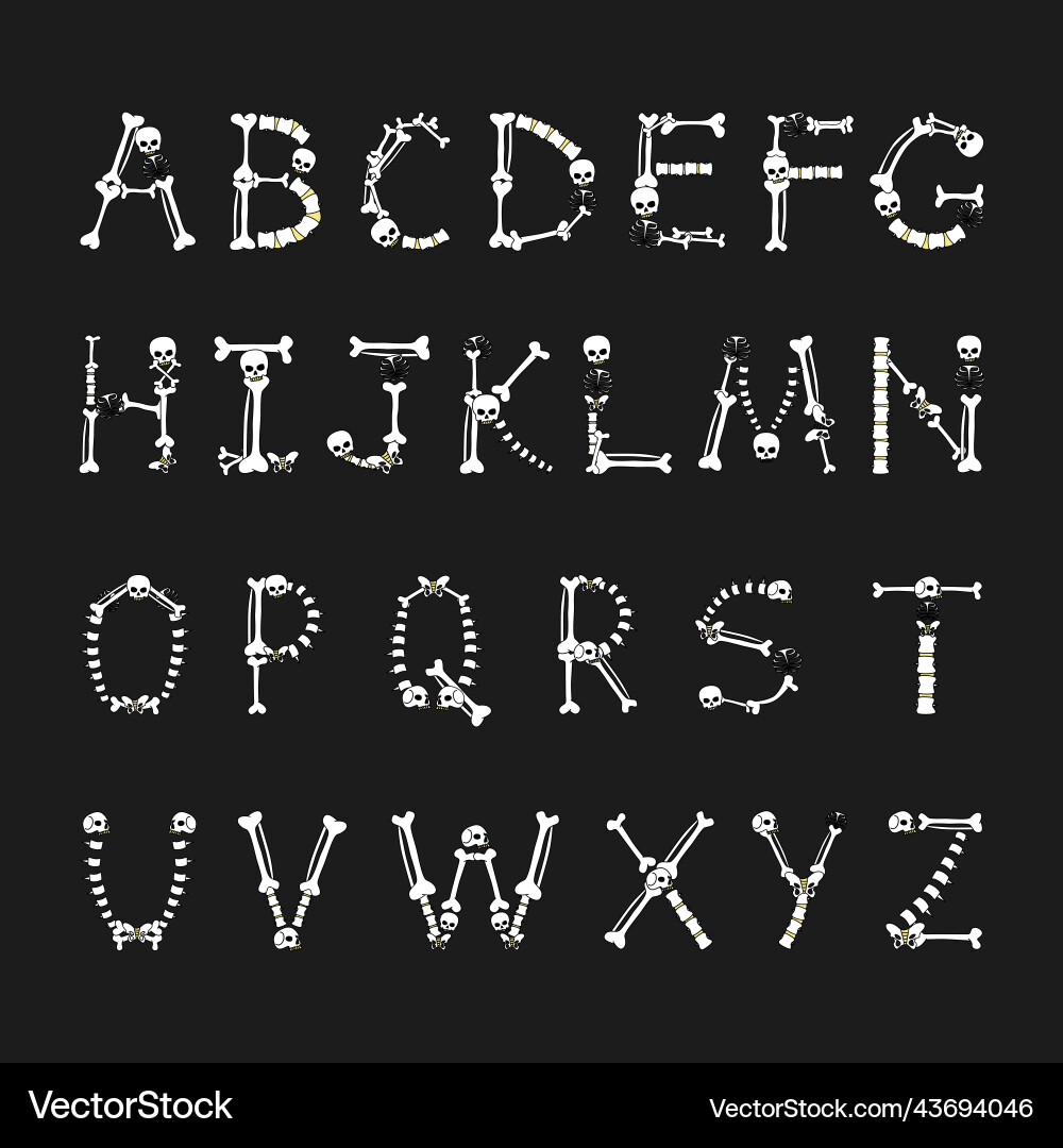 Bones alphabet font skull spine jaw Royalty Free Vector