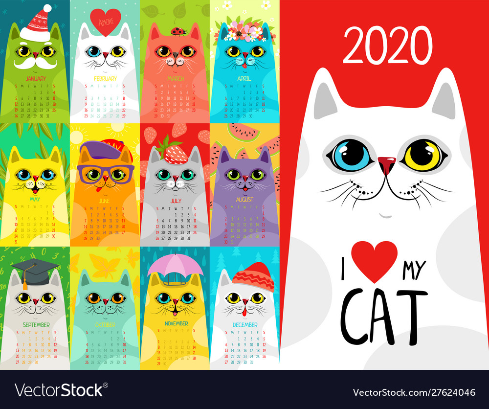 Calendar 2020 with cute cats character Royalty Free Vector