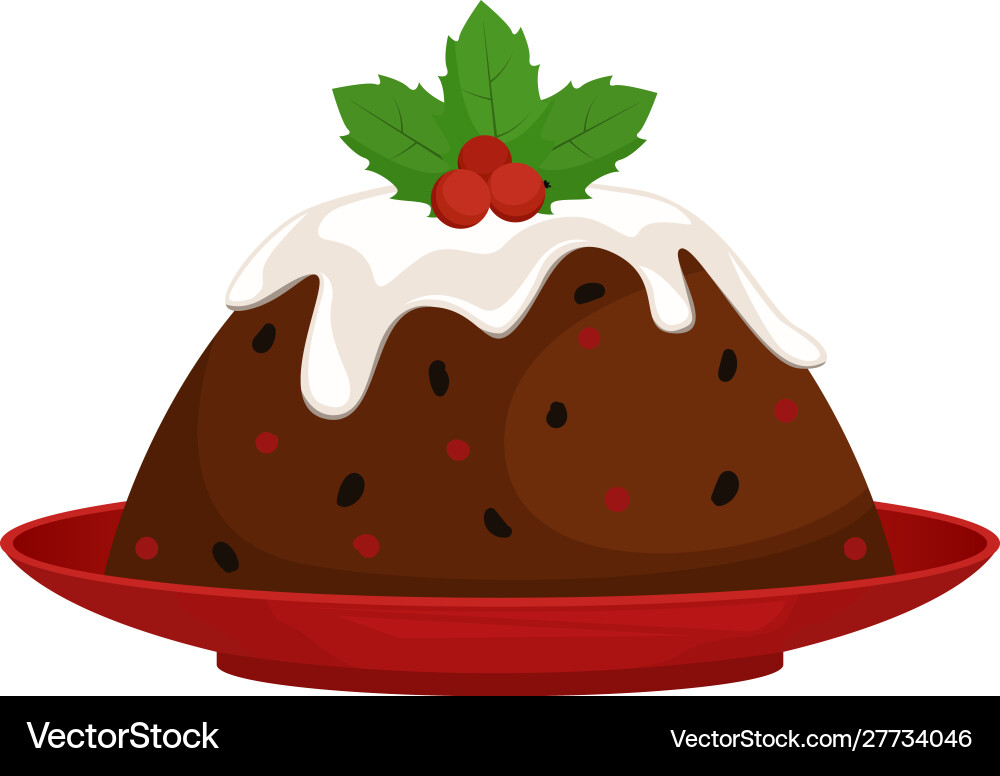 Christmas pudding with decoration on a red plate Vector Image