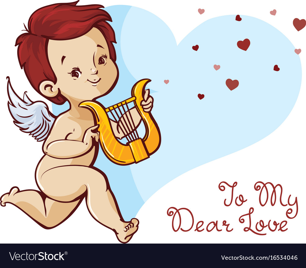 Cupid playing music on harp handwritten fun Vector Image
