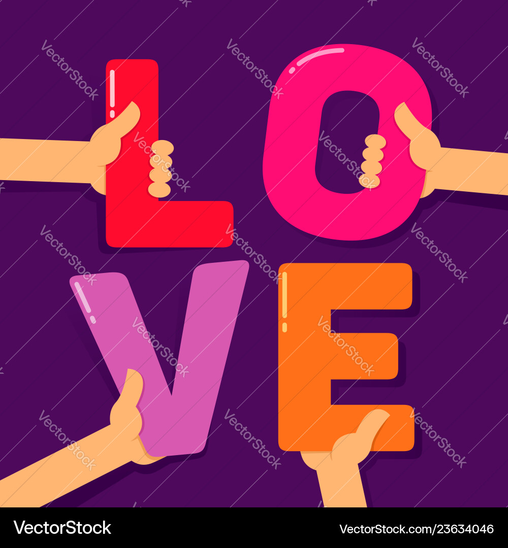 Four hands holding letters forming a colorful Vector Image