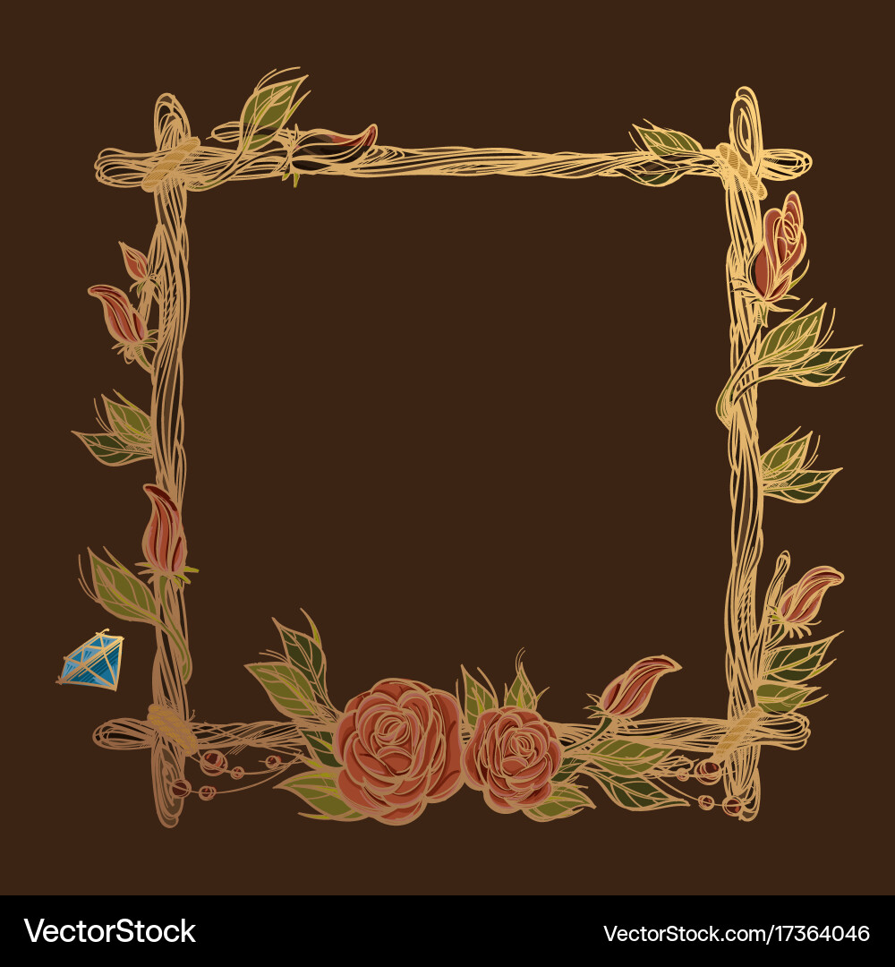 Square golden frame made of branches with roses Vector Image