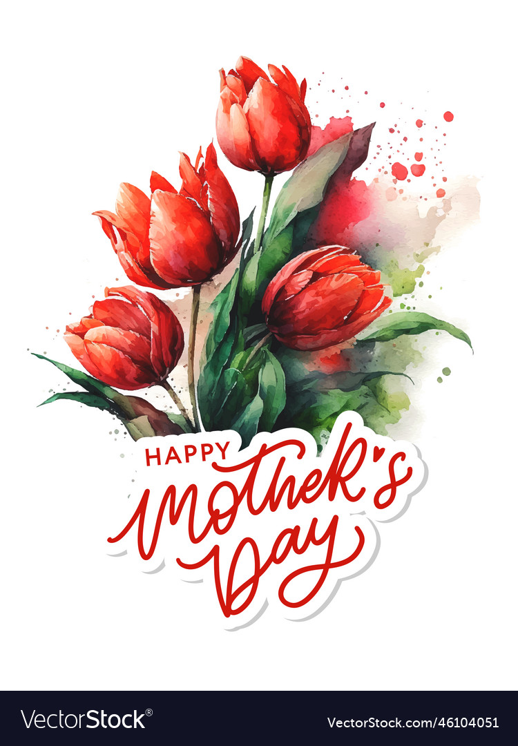 Watercolor mothers day greeting card red tulip Vector Image