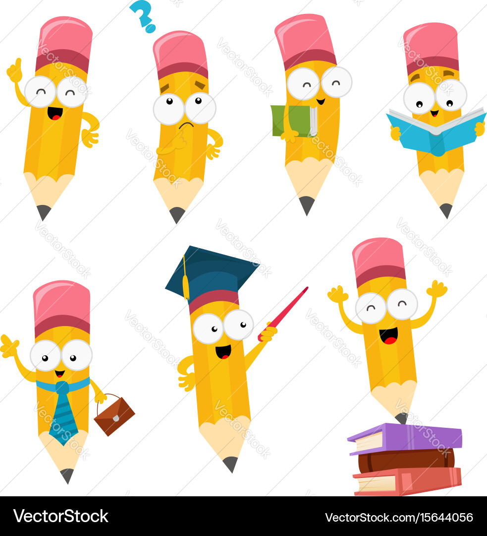 Cute cartoon pencil characters set Royalty Free Vector Image