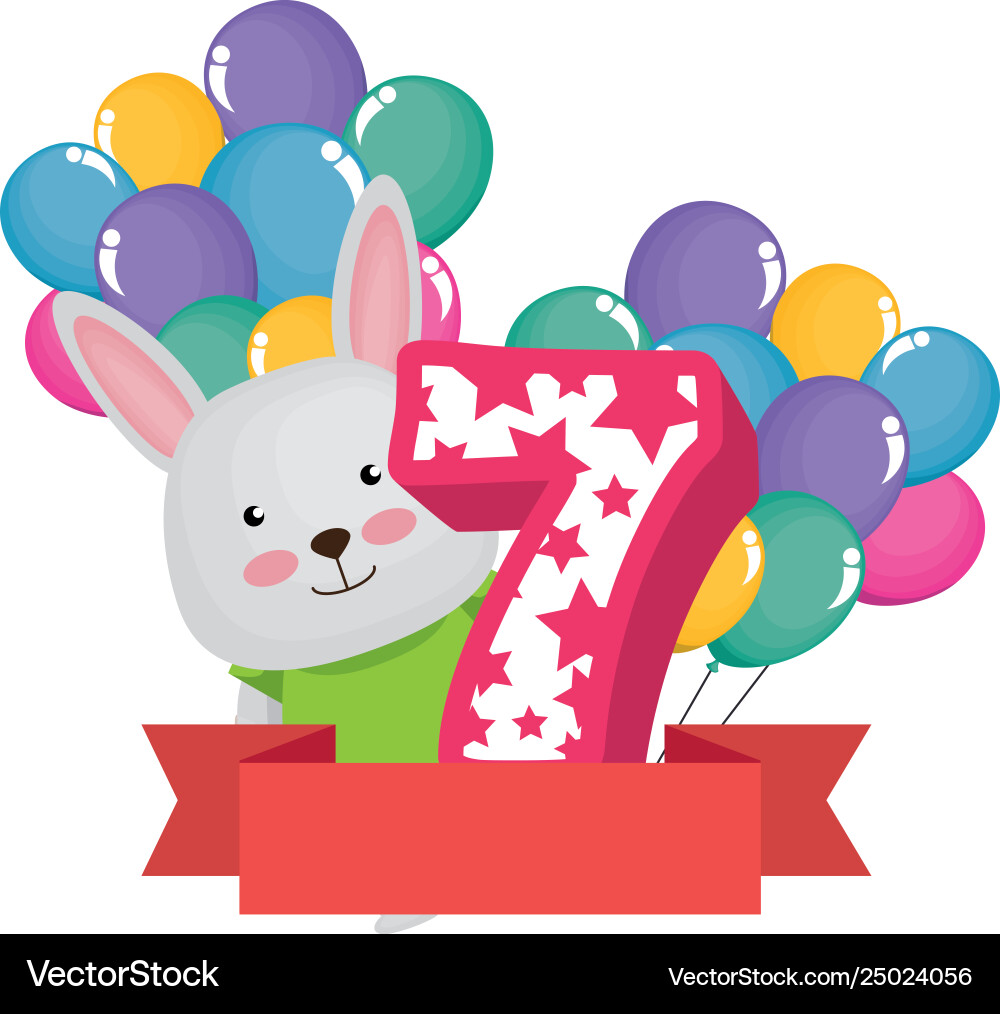 Cute number seven with rabbit and balloons Vector Image