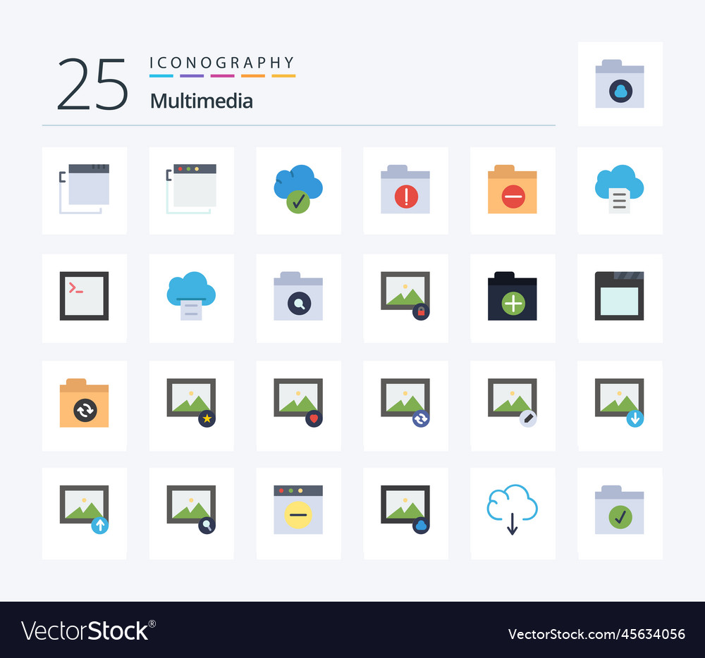 Multimedia 25 flat color icon pack including code Vector Image
