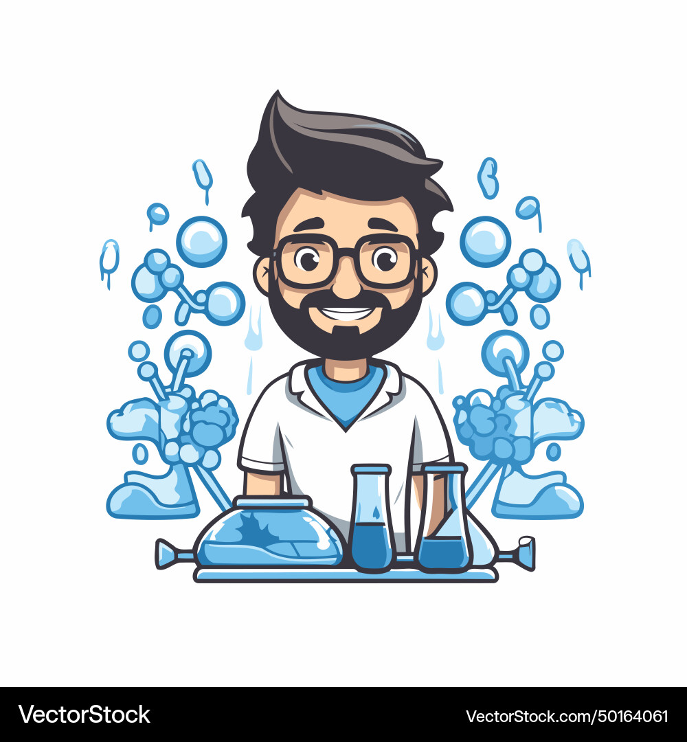 Cartoon scientist with chemical flasks and test Vector Image