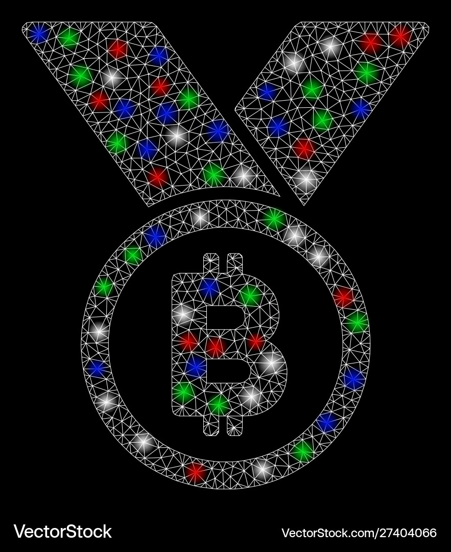 Bright mesh network bitcoin medal with ribbons Vector Image