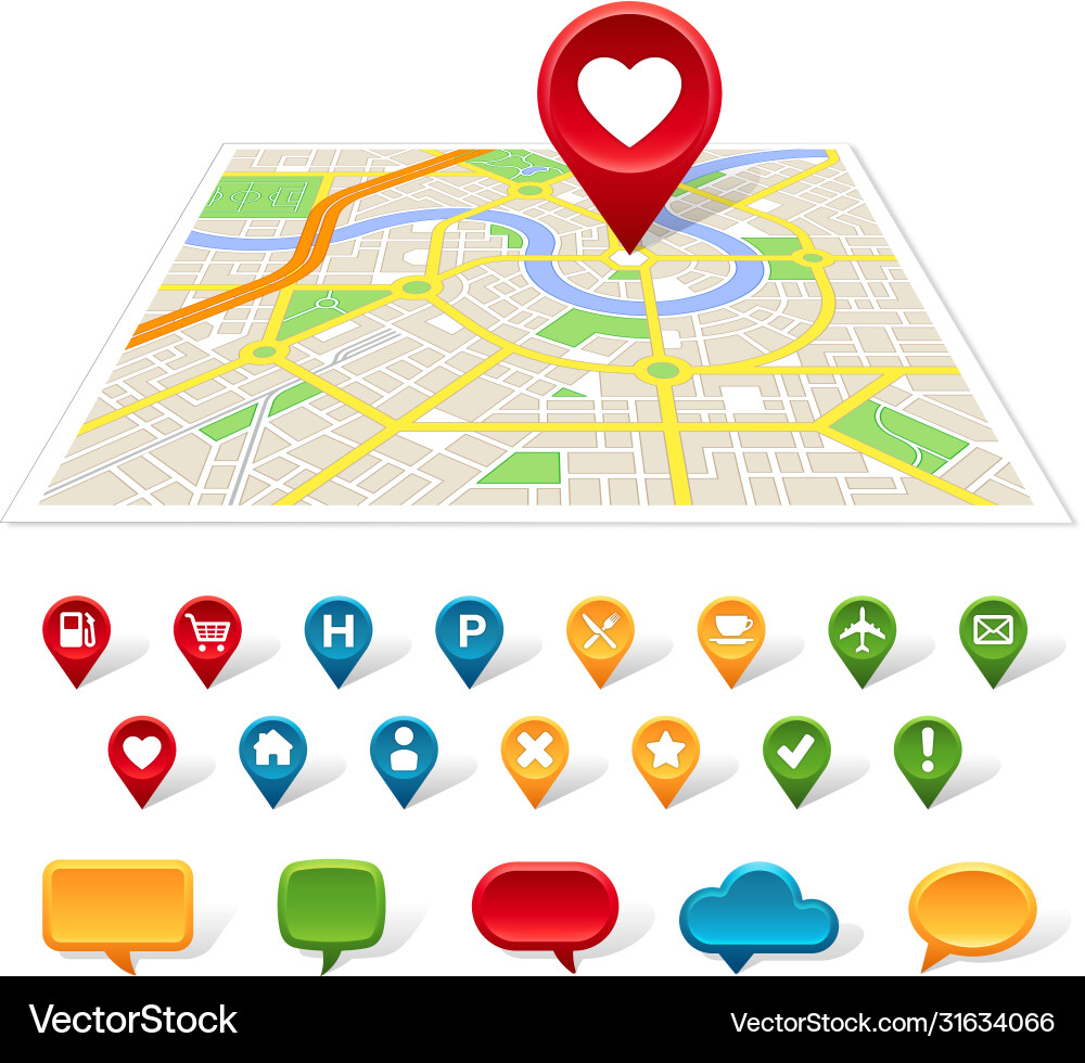 Generic city map location and communication icons Vector Image