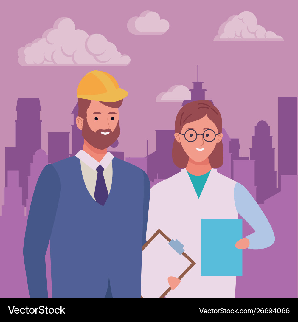Professionals workers couple smiling cartoons Vector Image