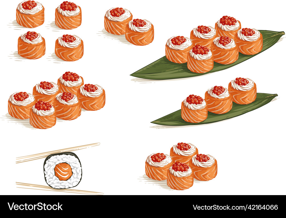 Sushi set hand drawing sketch engraving Royalty Free Vector