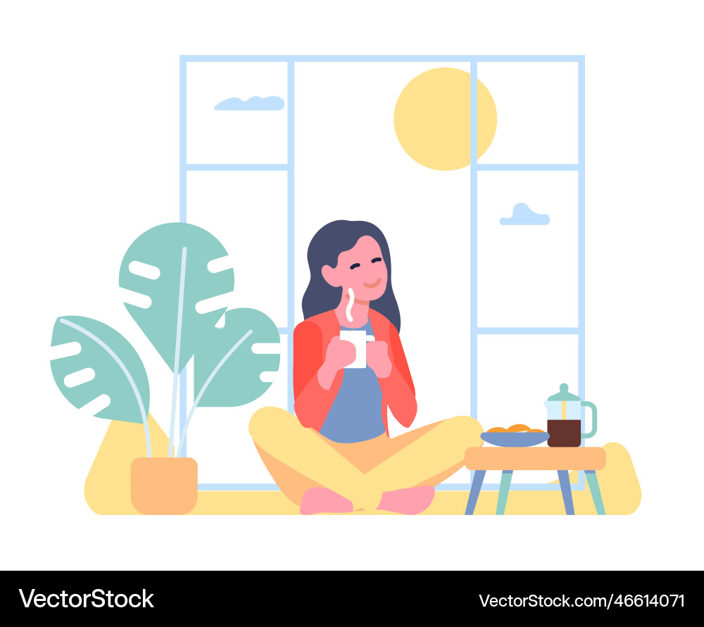 Girl having breakfast at home by window Royalty Free Vector