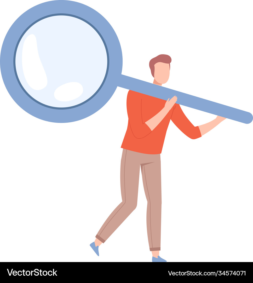 Man with big magnifying glass searching Royalty Free Vector
