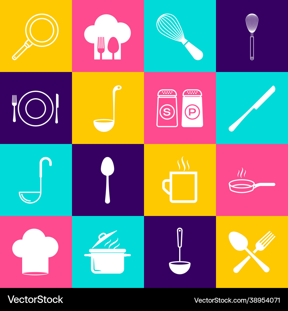 Set crossed fork and spoon frying pan knife Vector Image