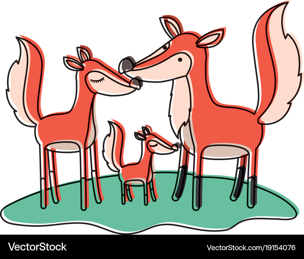 Cartoon fox couple and cub over grass Royalty Free Vector