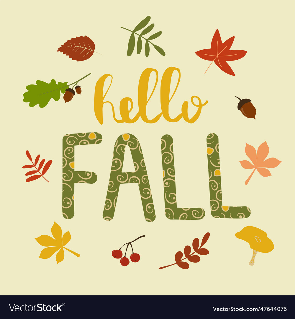 Hello fall - autumn lettering with leaves Vector Image