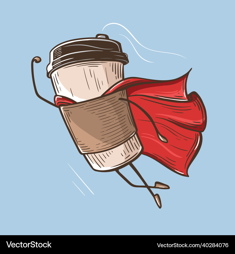 Paper cup with coffee super hero with a raincoat Vector Image