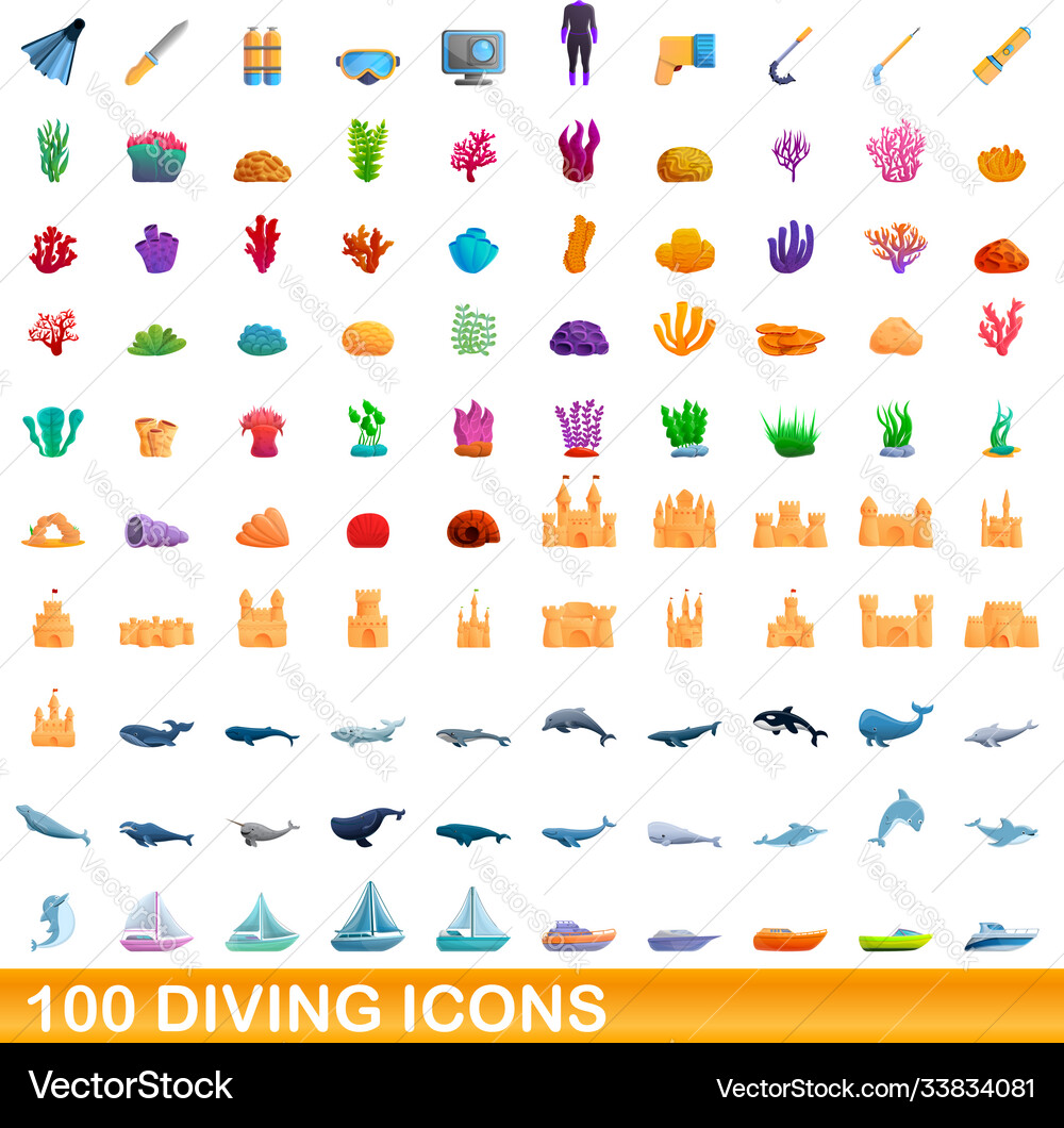 100 diving icons set cartoon style Royalty Free Vector Image
