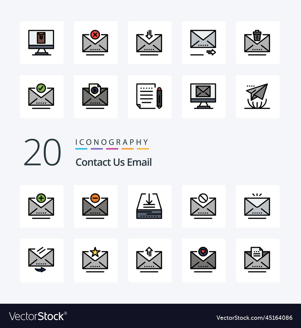 20 email line filled color icon pack like open Vector Image