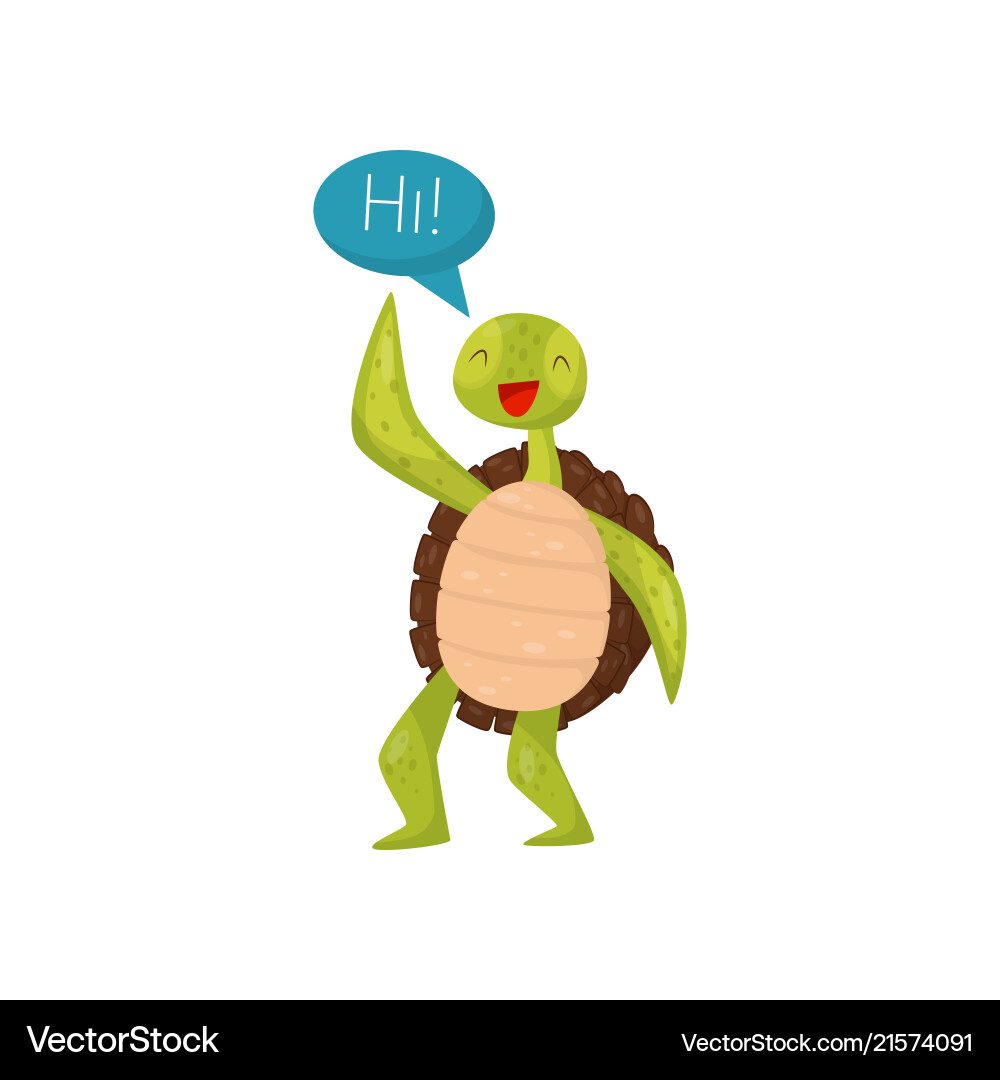 Friendly green turtle waving flipper and saying hi