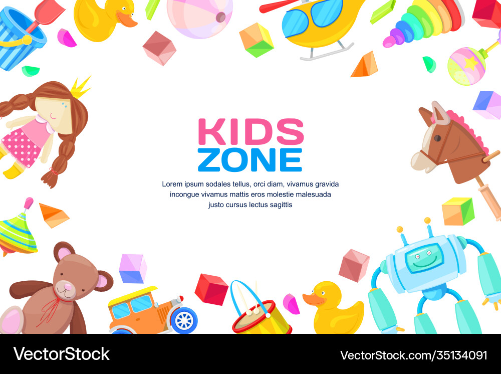 Kids zone concept frame with toys set Royalty Free Vector