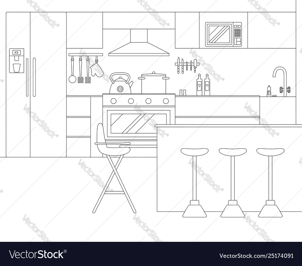 Line interior kitchen Royalty Free Vector Image
