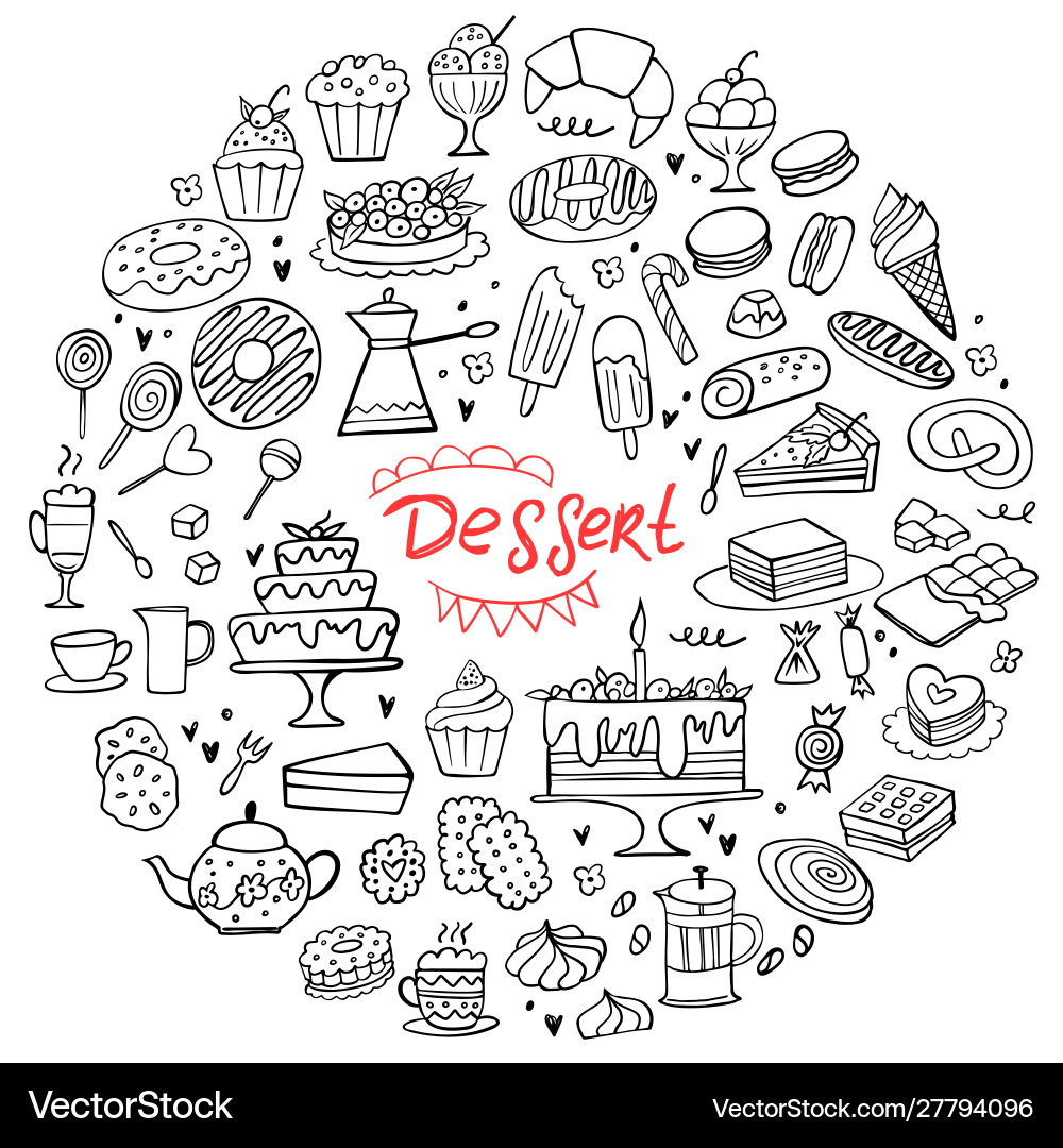 Set doodle sweets food on white cakes Royalty Free Vector