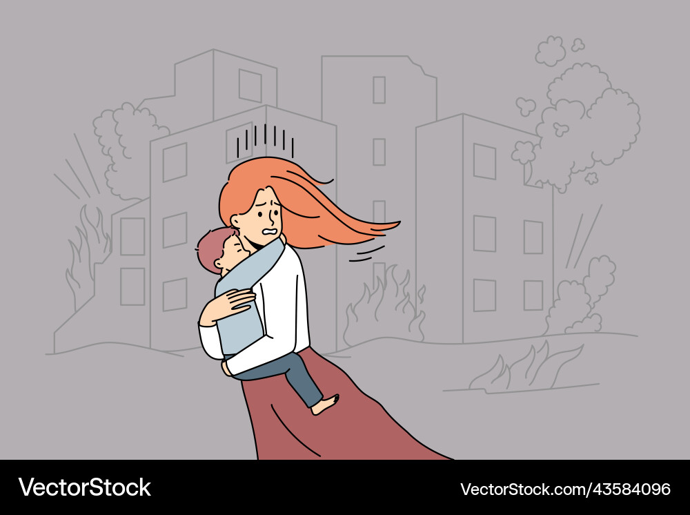 Terrified woman with kid running from bombs Vector Image