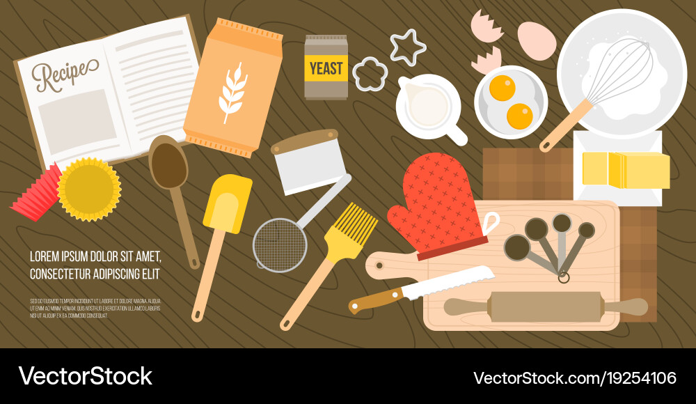 Bakery ingredient and utensils in top view Vector Image