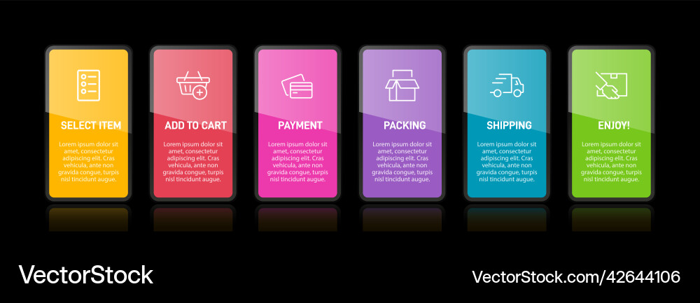Concept of shopping process with 6 successive Vector Image