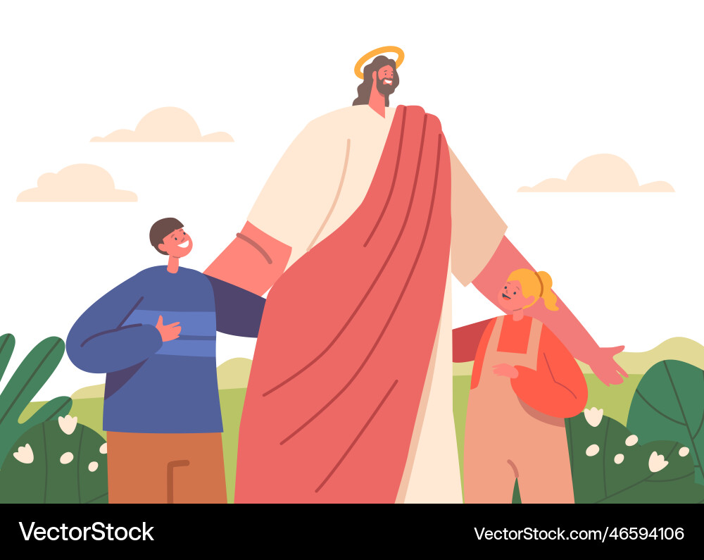 Peaceful meadow scene with jesus stand among Vector Image