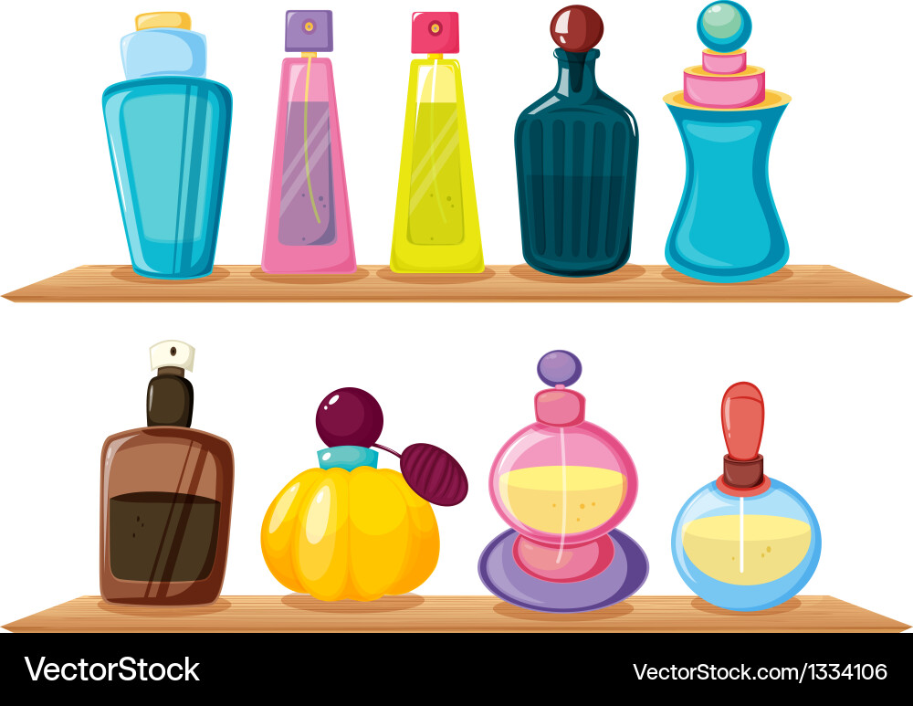 Wooden shelves with different perfumes Royalty Free Vector