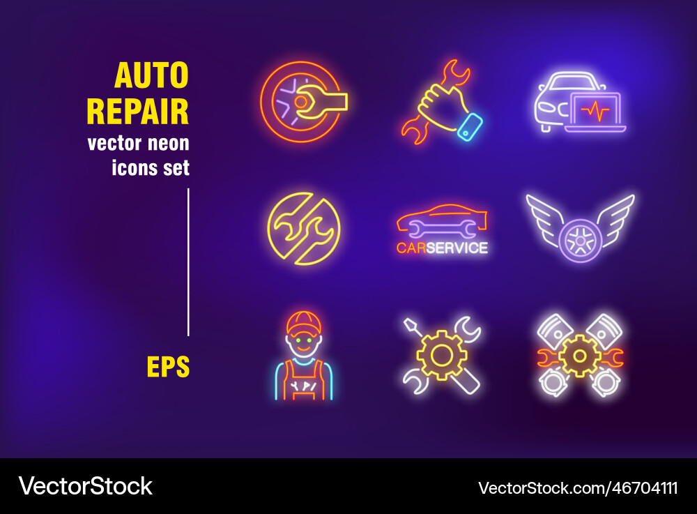 Car repair neon signs set Royalty Free Vector Image