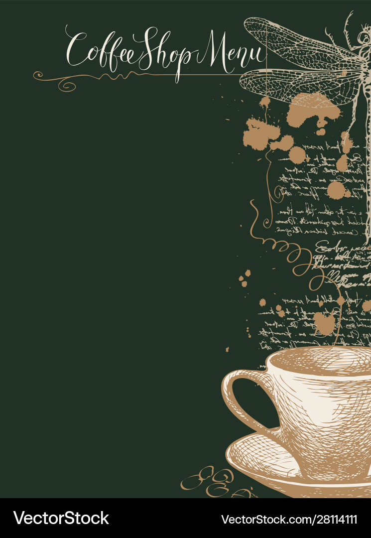 Coffee shop menu with cup coffee and dragonfly Vector Image