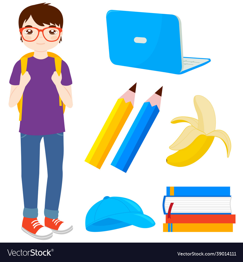 Student boy and set school objects Royalty Free Vector Image