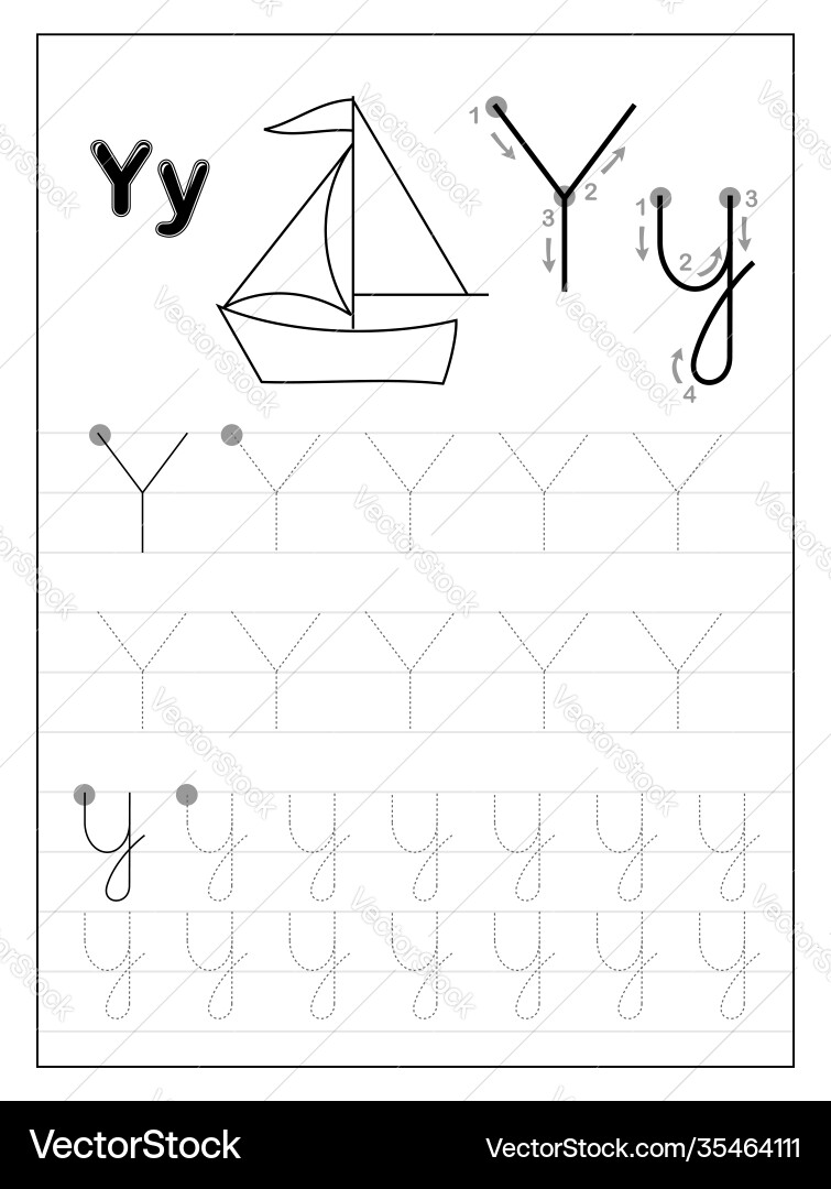 Tracing alphabet letter y black and white Vector Image