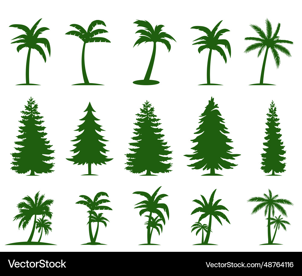 Black palm trees are set isolated on a white Vector Image