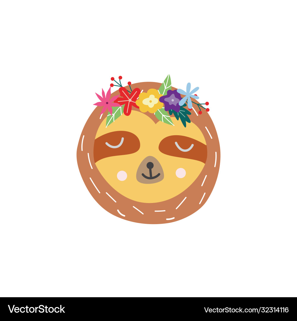 Cute cartoon sloth head with flower crown Vector Image