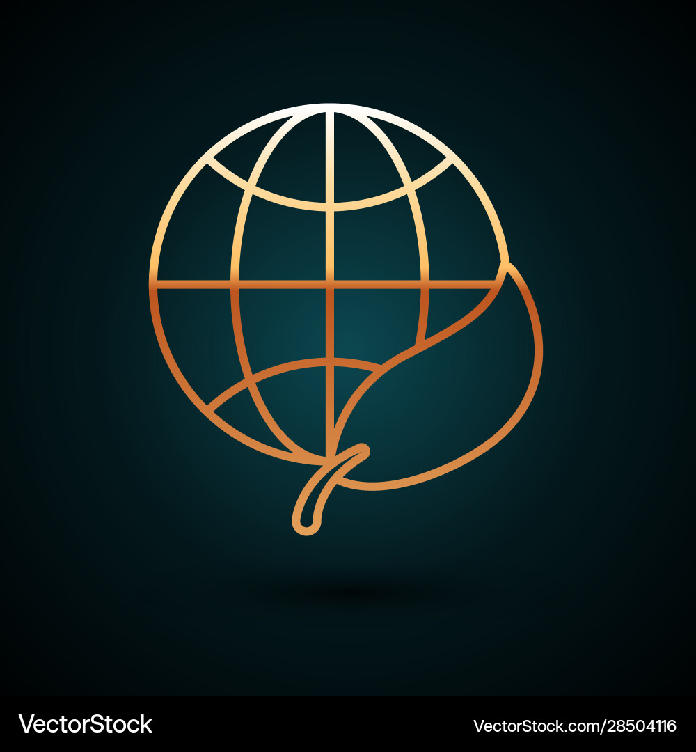 Gold line earth globe and leaf icon isolated Vector Image