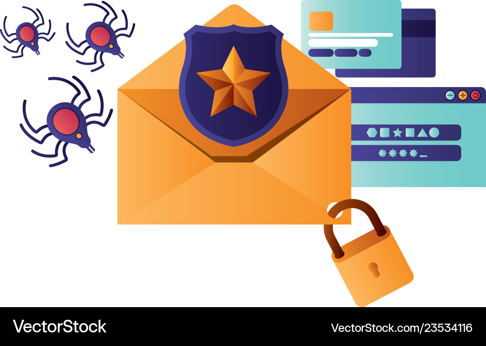 Open letter with shield and window isolated icons Vector Image