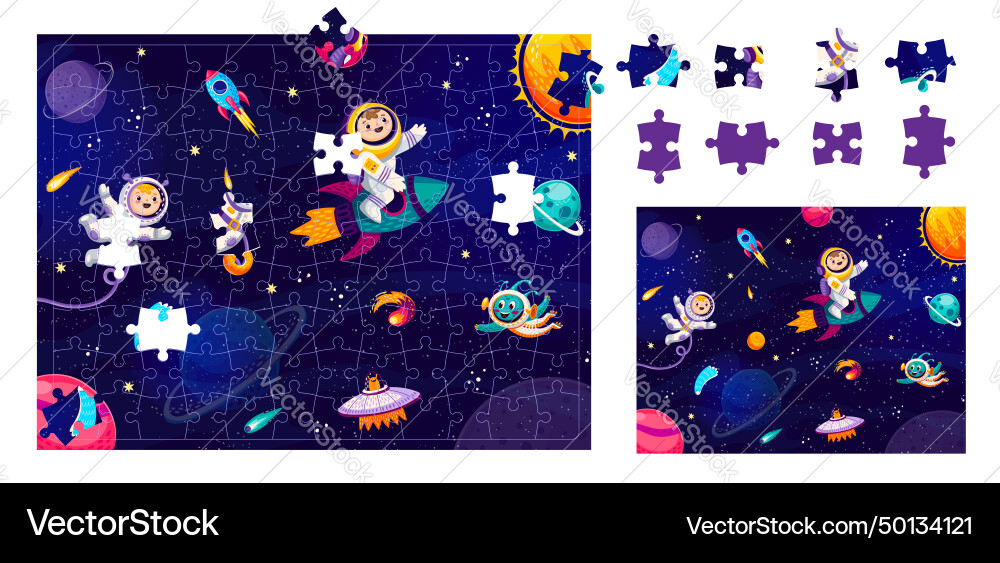 Jigsaw puzzle game pieces with cartoon astronaut Vector Image