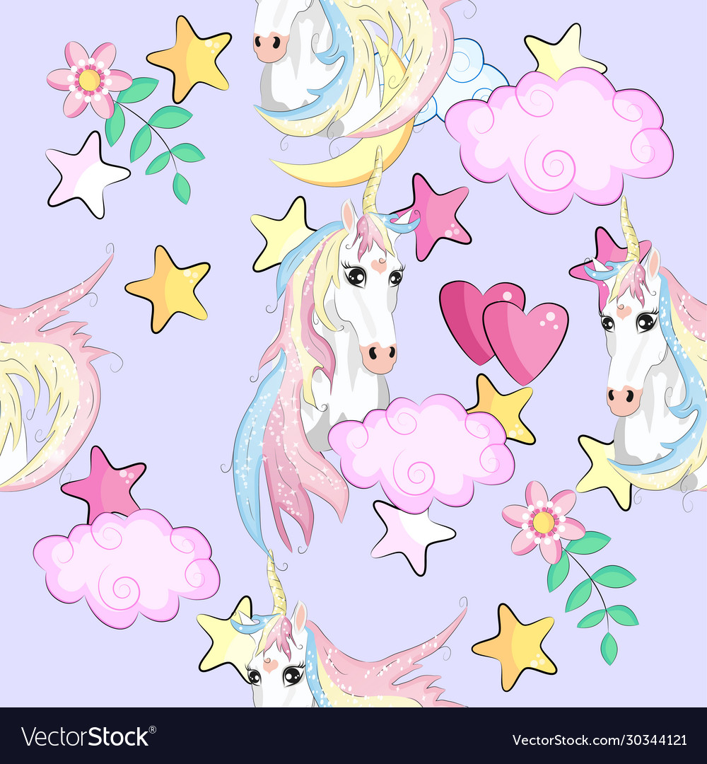 Pattern with cute unicorns cloudsrainbow Vector Image