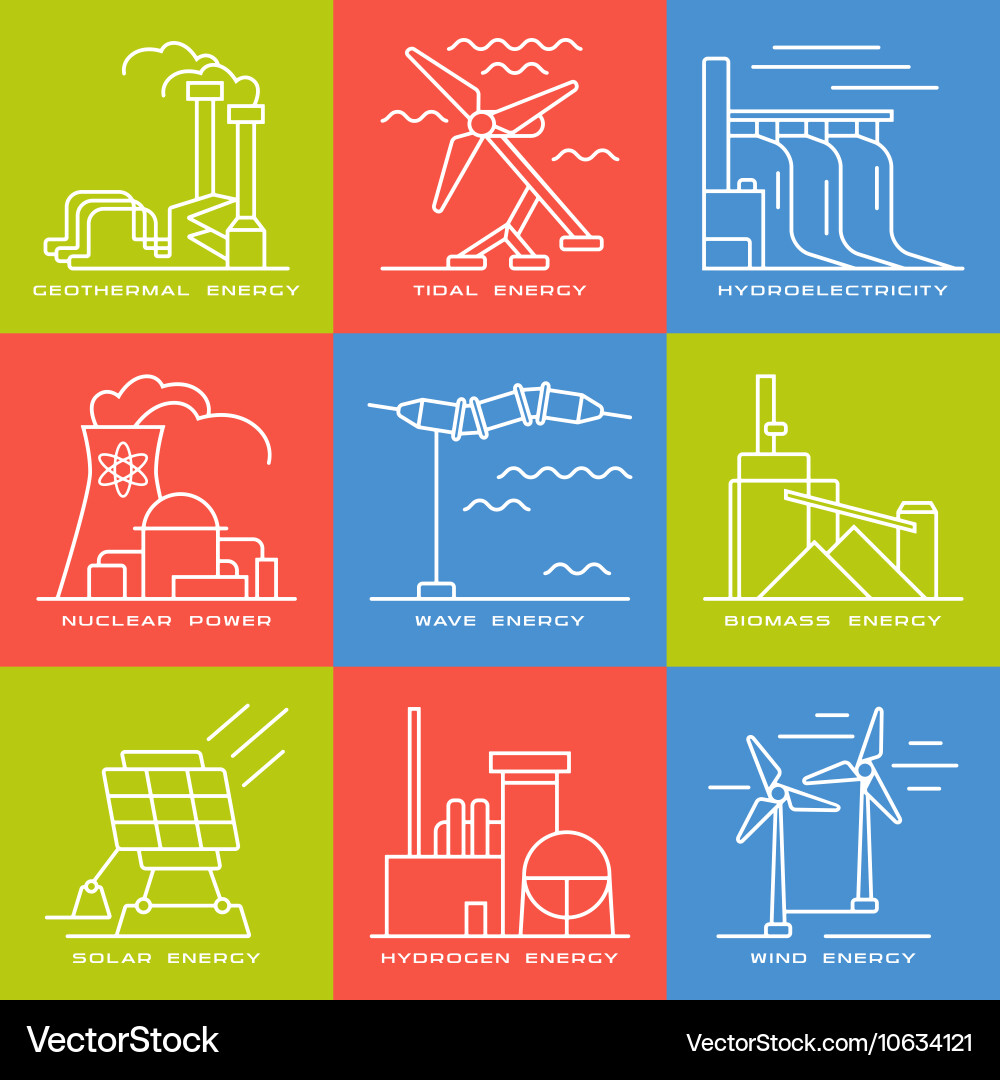 Set of web icons on electricity generation plants Vector Image